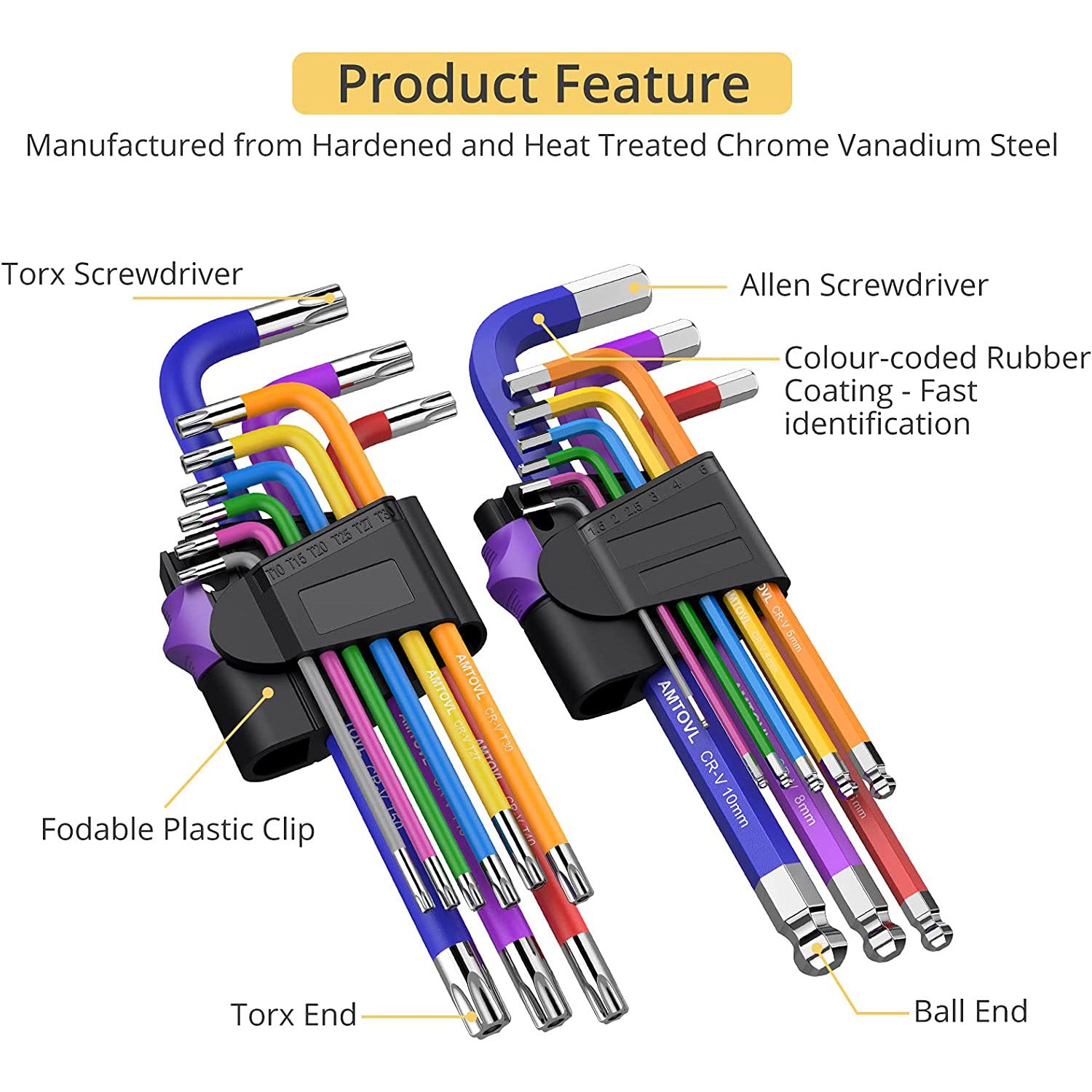 AMTOVL 18PCS Long Ball End Allen Key & Torx Star Wrenches Hex Sets – Amtovl
